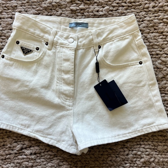 Prada | Shorts | Prada White Denim Shorts Triangle Logo Size 28 | Poshmark